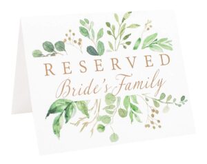 reserved wedding table sign | set of 6 watercolor white and gold with eucalyptus greenery signs including seating for bride's family groom's family and wedding party | freestanding double sided