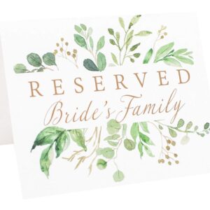 Reserved Wedding Table Sign | Set of 6 Watercolor White and Gold with Eucalyptus Greenery Signs Including Seating for Bride's Family Groom's Family and Wedding Party | Freestanding Double Sided