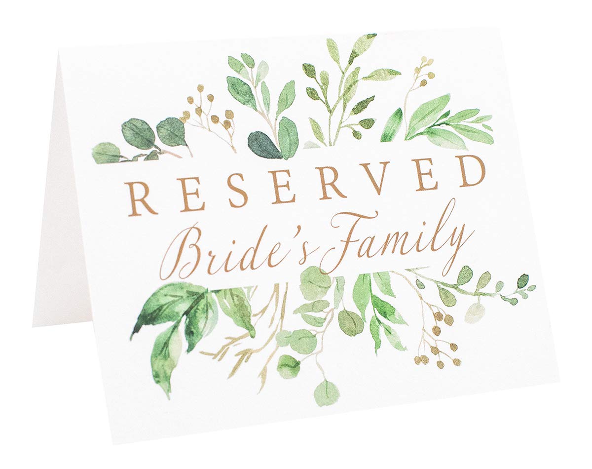 Reserved Wedding Table Sign | Set of 6 Watercolor White and Gold with Eucalyptus Greenery Signs Including Seating for Bride's Family Groom's Family and Wedding Party | Freestanding Double Sided