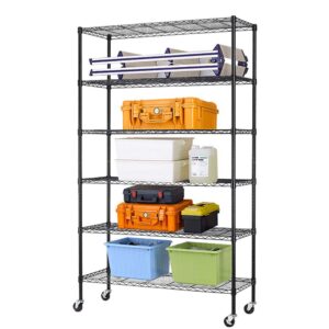 6 tier wire shelving unit rack nsf heavy duty height adjustable storage shelf metal shelving with wheels/feet levelers garage rack kitchen rack office rack commercial shelving - black - 18x48x82