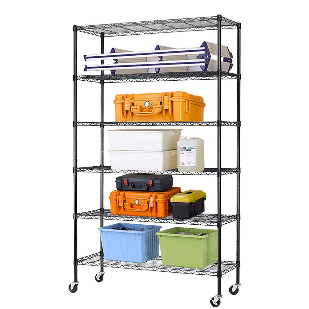 6 Tier Wire Shelving Unit Rack NSF Heavy Duty Height Adjustable Storage Shelf Metal Shelving with Wheels/Feet Levelers Garage Rack Kitchen Rack Office Rack Commercial Shelving - Black - 18x48x82