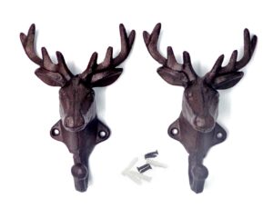 isoto 2pcs deer head shaped wall hooks cast iron decorative rustic single hanger animal heavy duty for coats bags towels key and more home farmhouse decor gift vintage design wall mounted (rust)