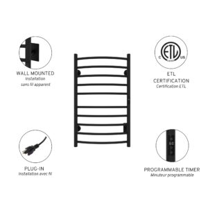 Odass | Towel Warmer | Built-in Timer with Led Indicators | Timer Modes: 1 H to 8 H, ON/Off | Temperature 30 to 60 °C (86 to 140 °F) | Wall Mounted | 10 Curved Bars | Matte Black