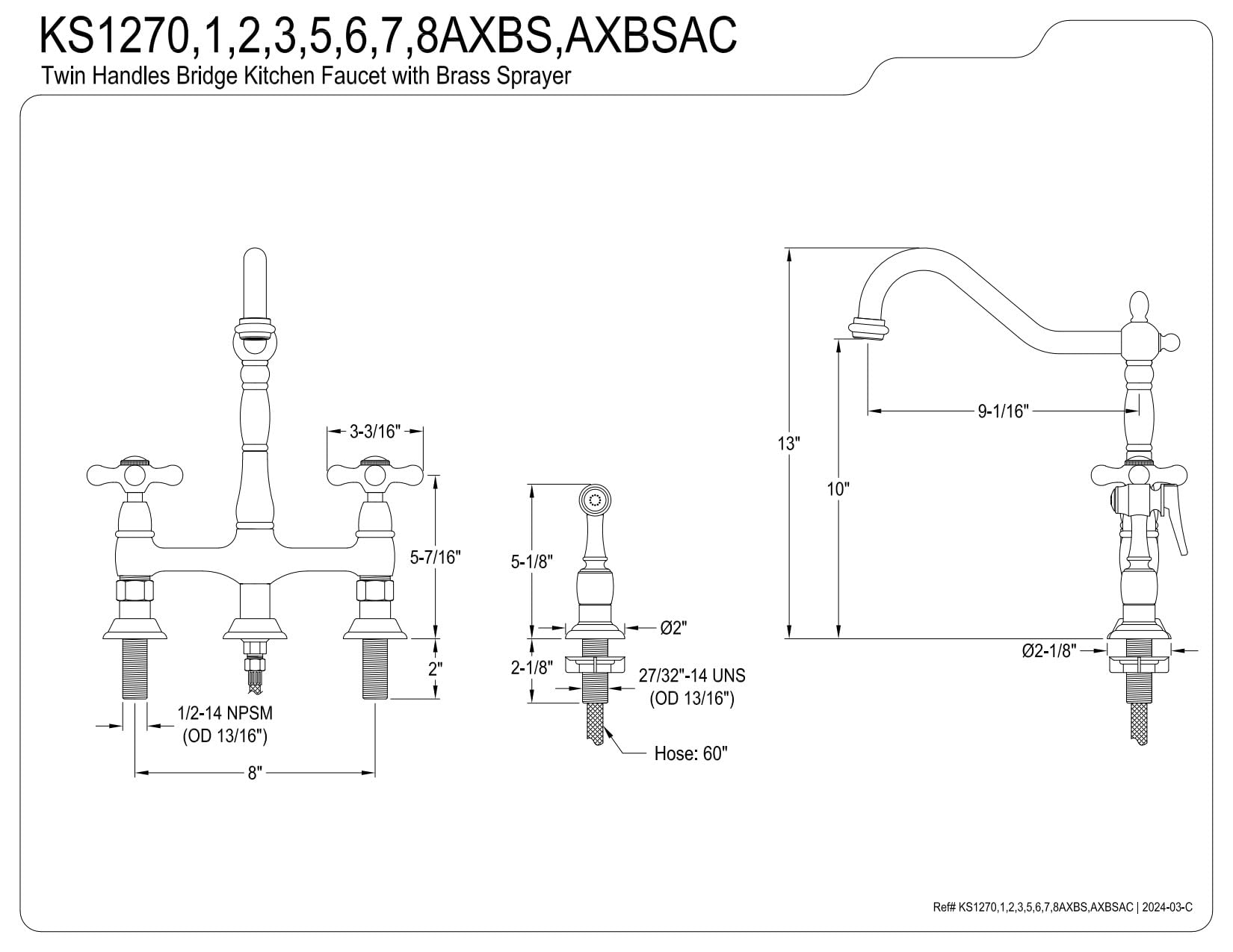 Kingston Brass KS1277AXBS Heritage 8-Inch Kitchen Faucet with Brass Sprayer, Brushed Brass