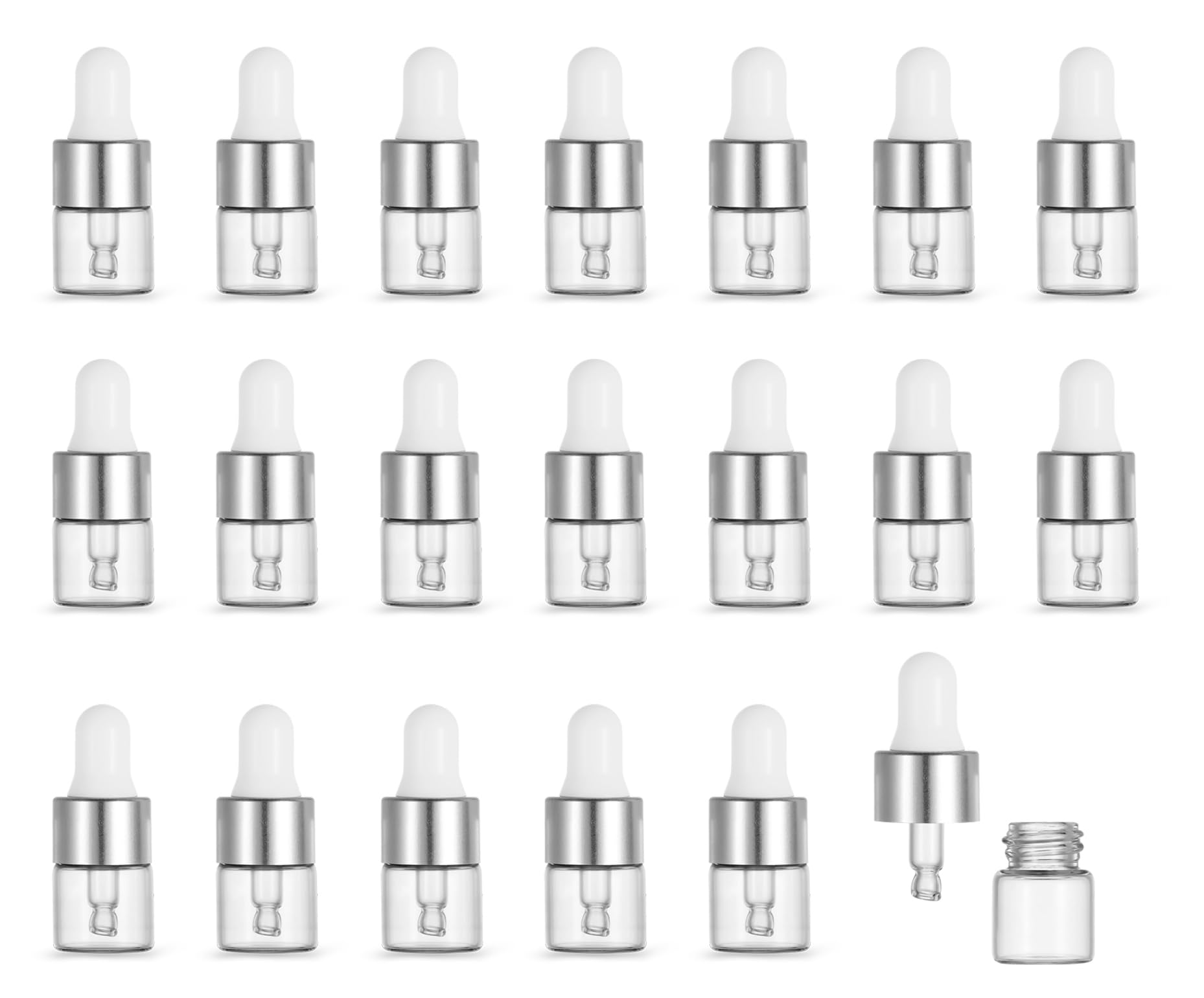 ZbFwmx 20Pack Set 1ML Glass Bottles with Glass Eye Dropper Dispenser for Sample Vial Small Essential Oil Bottle with Glass Eye Dropper, Colognes & Perfumes (Sliver-Clear)