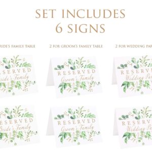 Reserved Wedding Table Sign | Set of 6 Watercolor White and Gold with Eucalyptus Greenery Signs Including Seating for Bride's Family Groom's Family and Wedding Party | Freestanding Double Sided