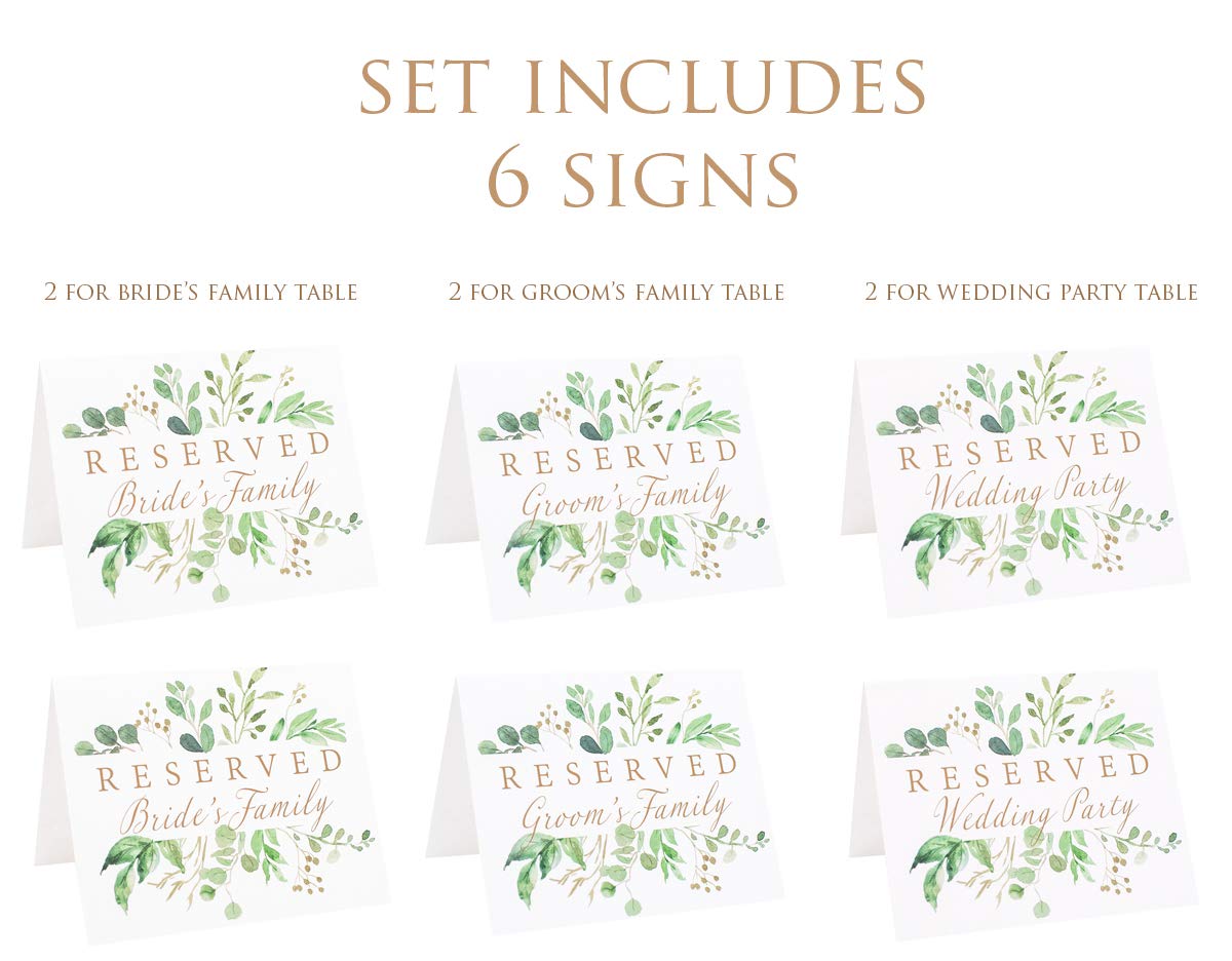 Reserved Wedding Table Sign | Set of 6 Watercolor White and Gold with Eucalyptus Greenery Signs Including Seating for Bride's Family Groom's Family and Wedding Party | Freestanding Double Sided