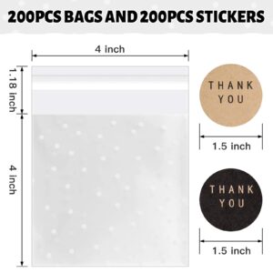 NPLUX 200PACK Self Sealing Cellophane Bags Cookie Bags for Gift Giving Clear Treat Bags with Stickers(White Polka Dot, 4X4INCH)