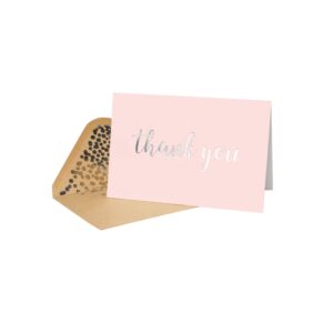 Thank You Cards - Blank 50 Pack Foiled "Thank You" Printed with 52 Foil Embossed Kraft Envelopes 4" x 6" - for Wedding Bridal Shower Baby Shower Birthday Party (Pink)