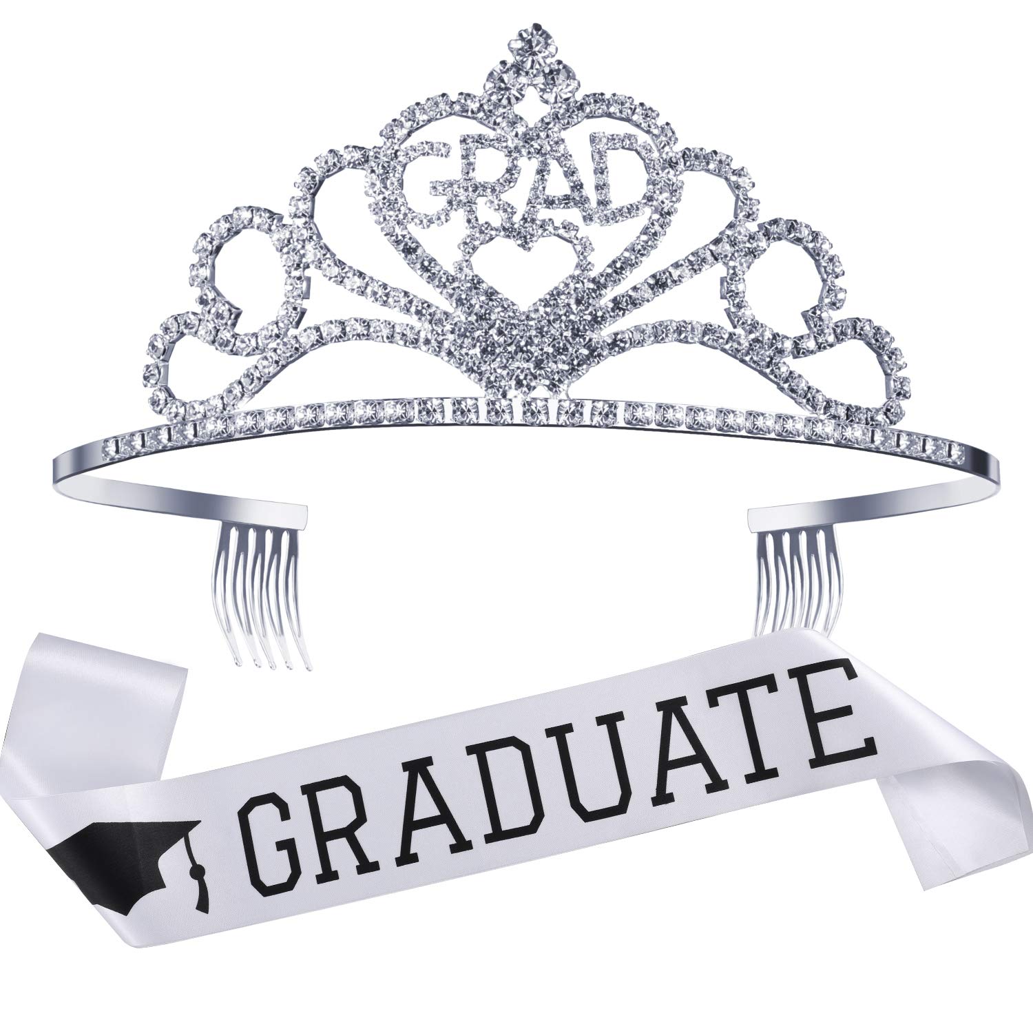 Chinco 2024 Graduation Party Supplies Kits, Glittered Metal Graduation Princess Grad Crown Tiara and Graduated Sash, Ideal Gifts for Graduation Party Decorations Grad Decor Favors (White)