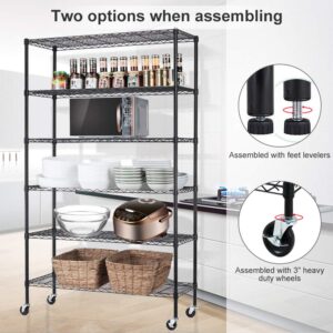 6 Tier Wire Shelving Unit Rack NSF Heavy Duty Height Adjustable Storage Shelf Metal Shelving with Wheels/Feet Levelers Garage Rack Kitchen Rack Office Rack Commercial Shelving - Black - 18x48x82