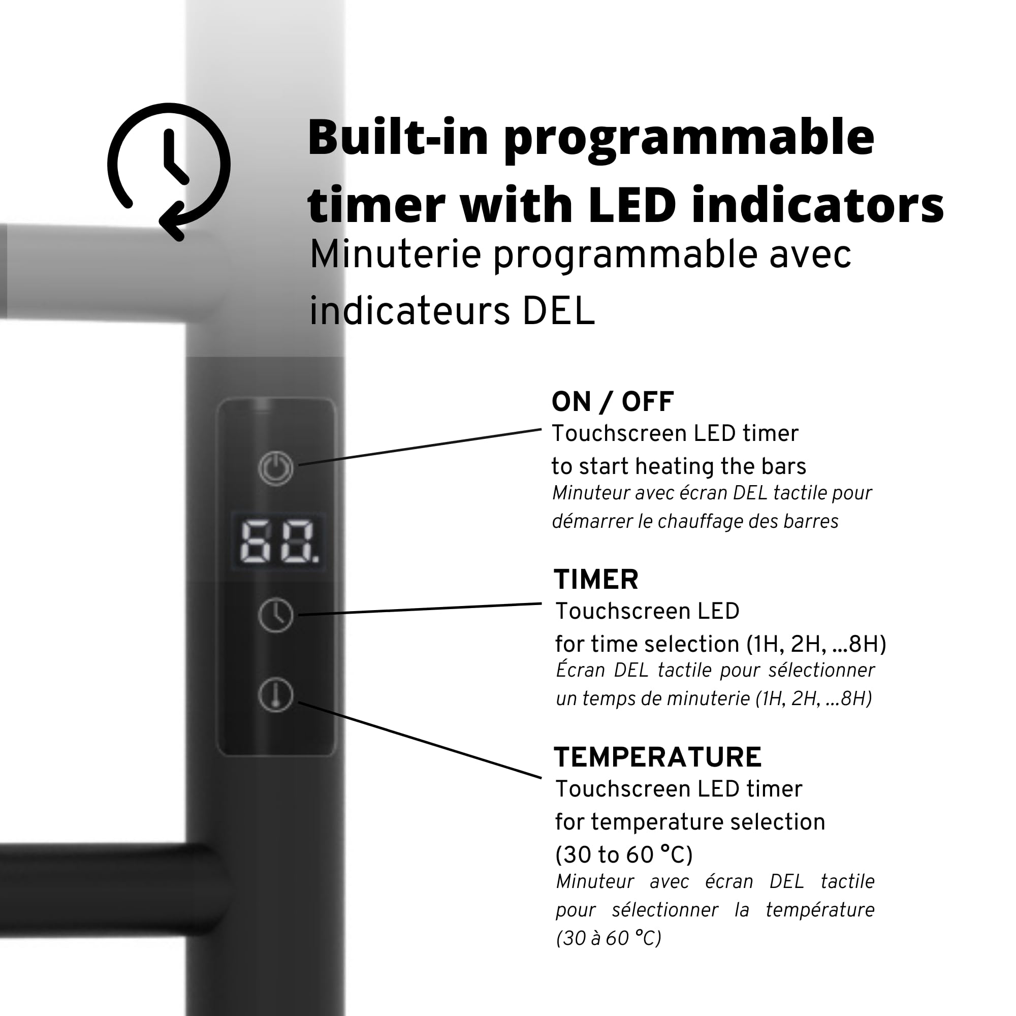 Odass | Towel Warmer | Built-in Timer with Led Indicators | Timer Modes: 1 H to 8 H, ON/Off | Temperature 30 to 60 °C (86 to 140 °F) | Wall Mounted | 10 Curved Bars | Matte Black