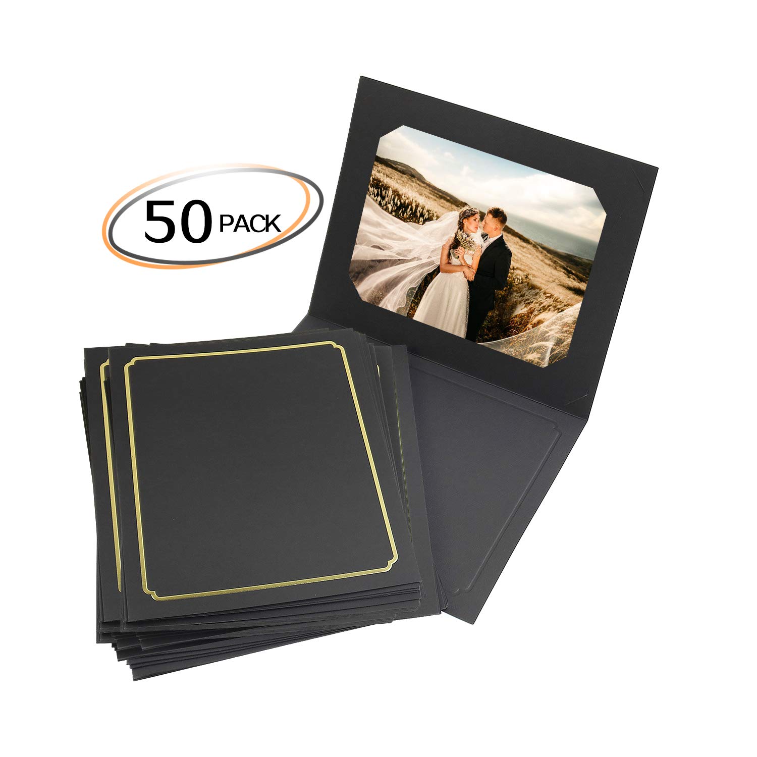 Golden State Art 50 Pack, Black with Gold Lining, Cut Corner Photo Folders for 6x8/8x10 Pictures, Perfect for Weddings, Birthdays, Christmas, Graduation, and Special Events