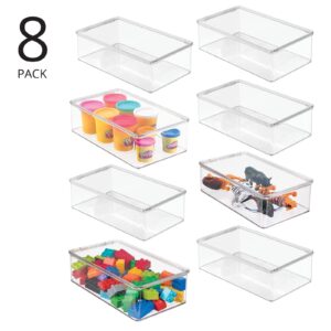 mDesign Plastic Playroom/Game Organizer Box Containers with Hinged Lid for Shelves or Cubbies, Holds Toys, Building Blocks, Puzzles, Markers, Controllers, or Crayons, Ligne Collection, 8 Pack, Clear