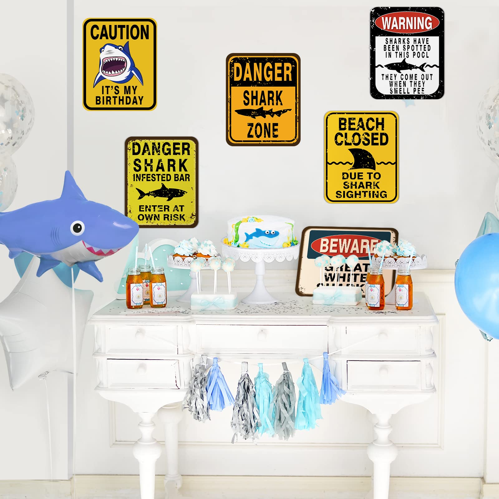 WERNNSAI Shark Zone Party Decorations - 6 PCS Size 8'' Funny Party Wall Decor Signs for Boys Kids Birthday Party Ocean Shark Theme Party Supplies