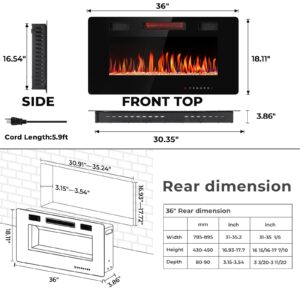 R.W.FLAME 36" Recessed and Wall Mounted Electric Fireplace, 5100BTU Thin Electric Fireplace Heater with Low Noise, Fit for 2 x 4 and 2 x 6 Stud, Remote Control, Adjustable Flame Color and Brightness.