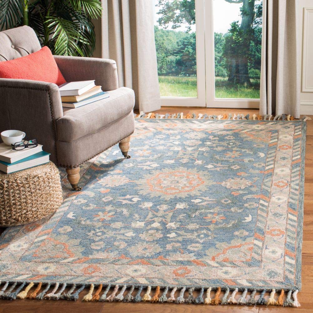 SAFAVIEH Aspen Collection Area Rug - 10' x 14', Blue & Rust, Handmade Boho Braided Tassel Wool, Ideal for High Traffic Areas in Living Room, Bedroom (APN123A)