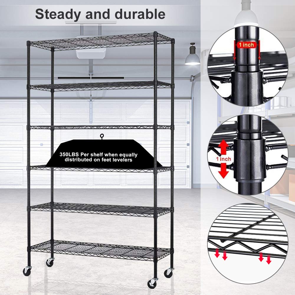 6 Tier Wire Shelving Unit Rack NSF Heavy Duty Height Adjustable Storage Shelf Metal Shelving with Wheels/Feet Levelers Garage Rack Kitchen Rack Office Rack Commercial Shelving - Black - 18x48x82