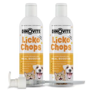 dinovite lickochops for dog & cat supplement enhanced with omega-6, 3 fatty acids, probiotics and vitamin e, 16 oz with pump