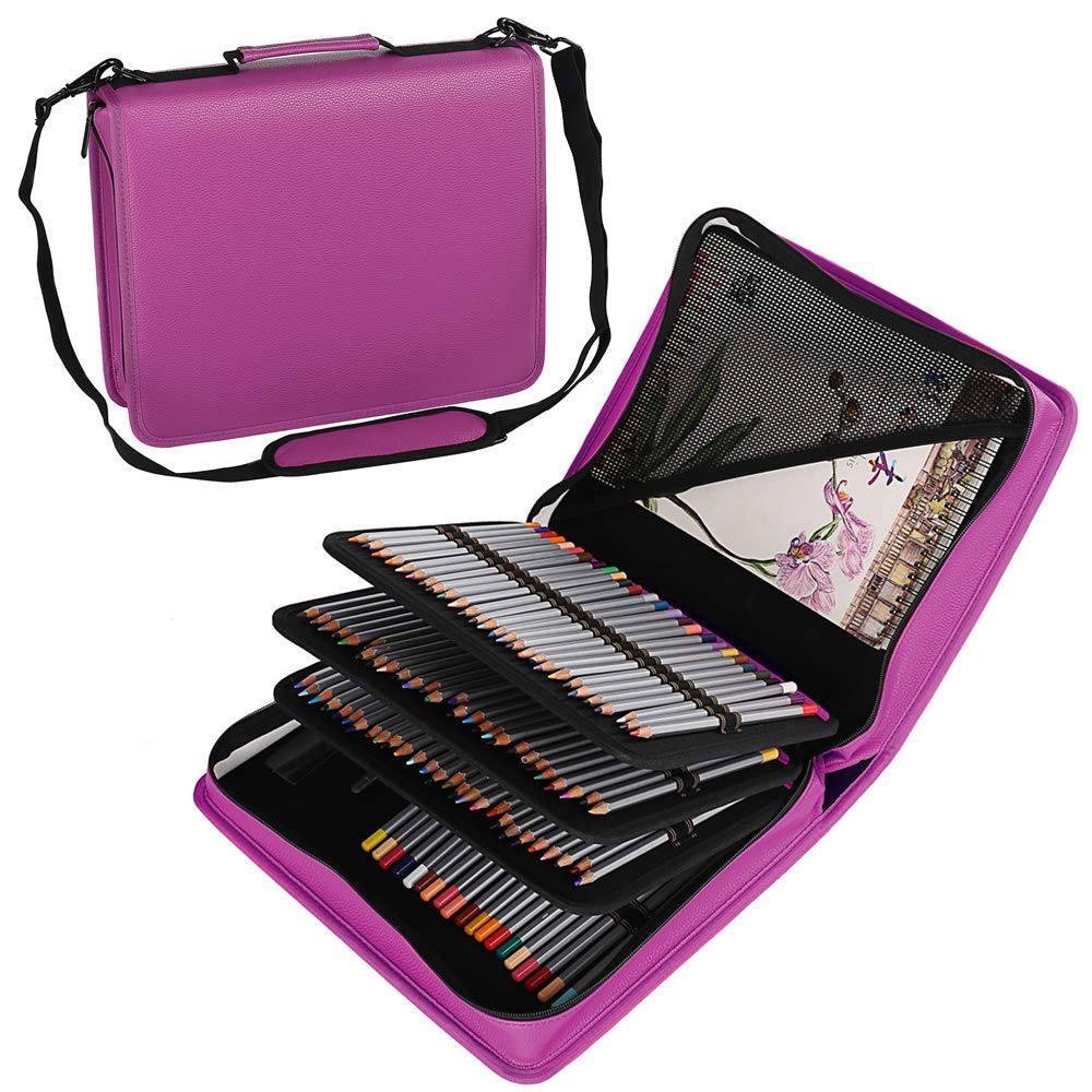 Shulaner 180 Slots Pencil Case Leaves Print Colored Pencils Holder Large Capacity Portable Pencil Bag Organizer (Purple, 180)