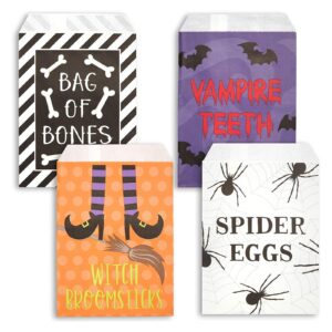 blue panda 100 pack halloween paper bags, small paper halloween treat bags, bulk goody bags for candy, and favors, 4 designs, vampire teeth, witch broomsticks, bag of bones, spider eggs (8 x 5 in)