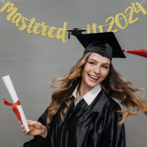 Mastered It 2024 Banner, Graduation Sign, Class of 2024 Congrats Grad Party Decorations Congratulations Assembled Photo Backdrop Supplies (Gold Glitter)