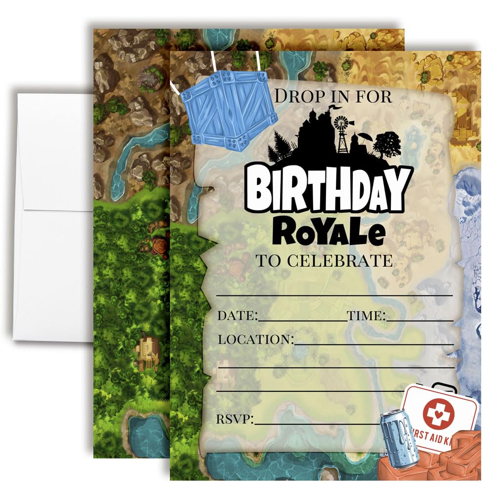 Fort Battle Video Gaming Birthday Party Invitations, 20 5x7 Fill In Cards with Twenty White Envelopes by AmandaCreation Video Gaming Party Supplies