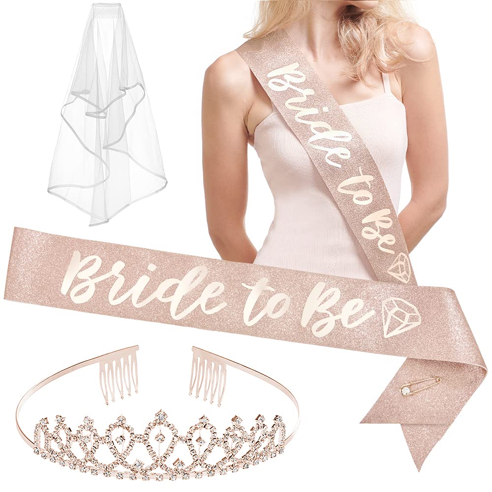 xo, Fetti Bachelorette Party Decorations Rose Gold Glitter Kit - Bridal Shower Supplies | Bride to Be Sash, Tiara, Veil + Bride Tribe Tattoos