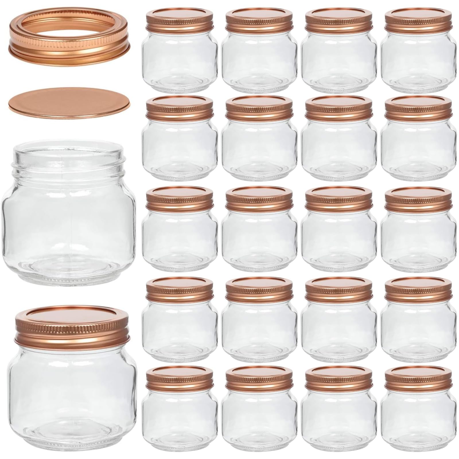 WILLDAN Set of 24-8OZ Mason Jars With Regular Lids Rose Gold Edition - Ideal for Body Scrubs, Lotions, Jam, Honey, Wedding Favors, Shower Favors, Baby Foods, 30 Whiteboard Labels Included