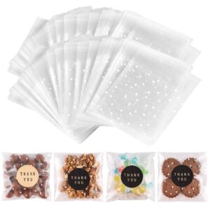 nplux 200pack self sealing cellophane bags cookie bags for gift giving clear treat bags with stickers(white polka dot, 4x4inch)