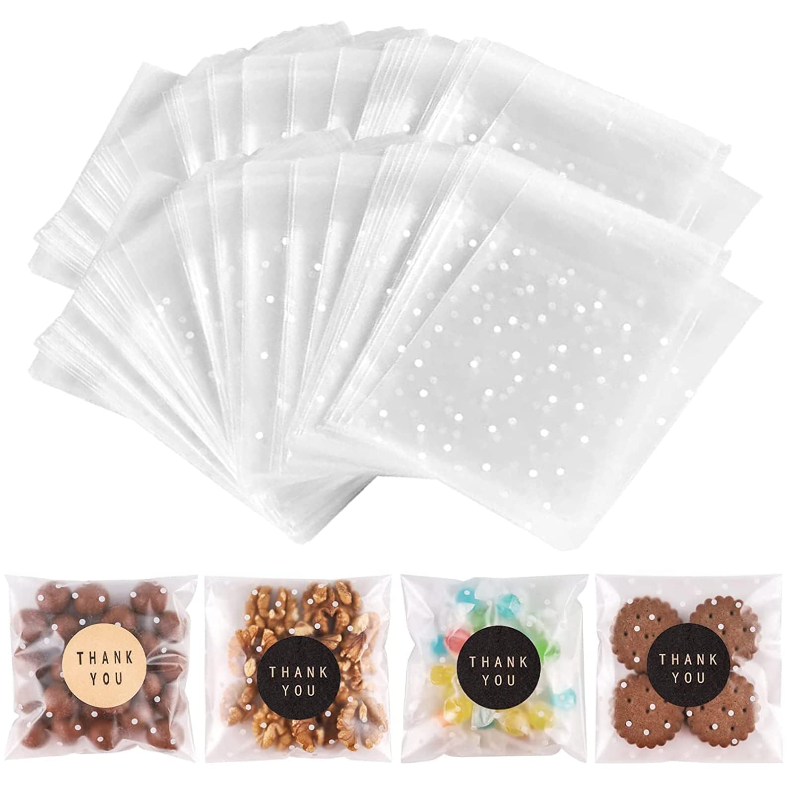 NPLUX 200PACK Self Sealing Cellophane Bags Cookie Bags for Gift Giving Clear Treat Bags with Stickers(White Polka Dot, 4X4INCH)