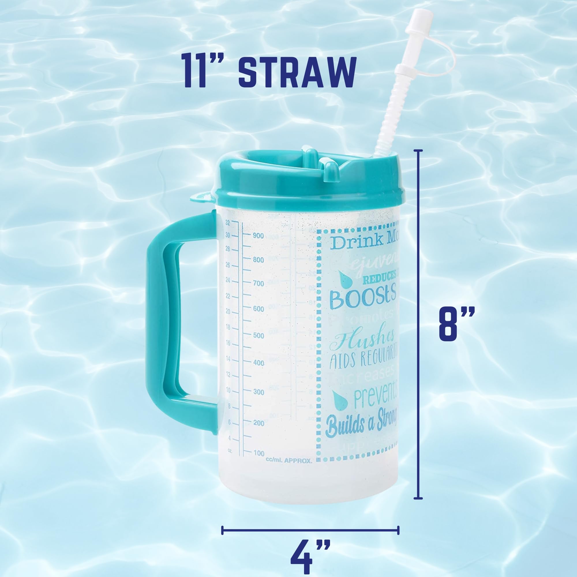 Drink Water Hospital Cup with Lid and Straw, Water Cup with Straw and Lid, Hospital Water Bottle with Straw and Handle, 32 Ounce Cup with Handle and Straw, 32 oz Insulated Mug, Drinking Cups, Teal Lid