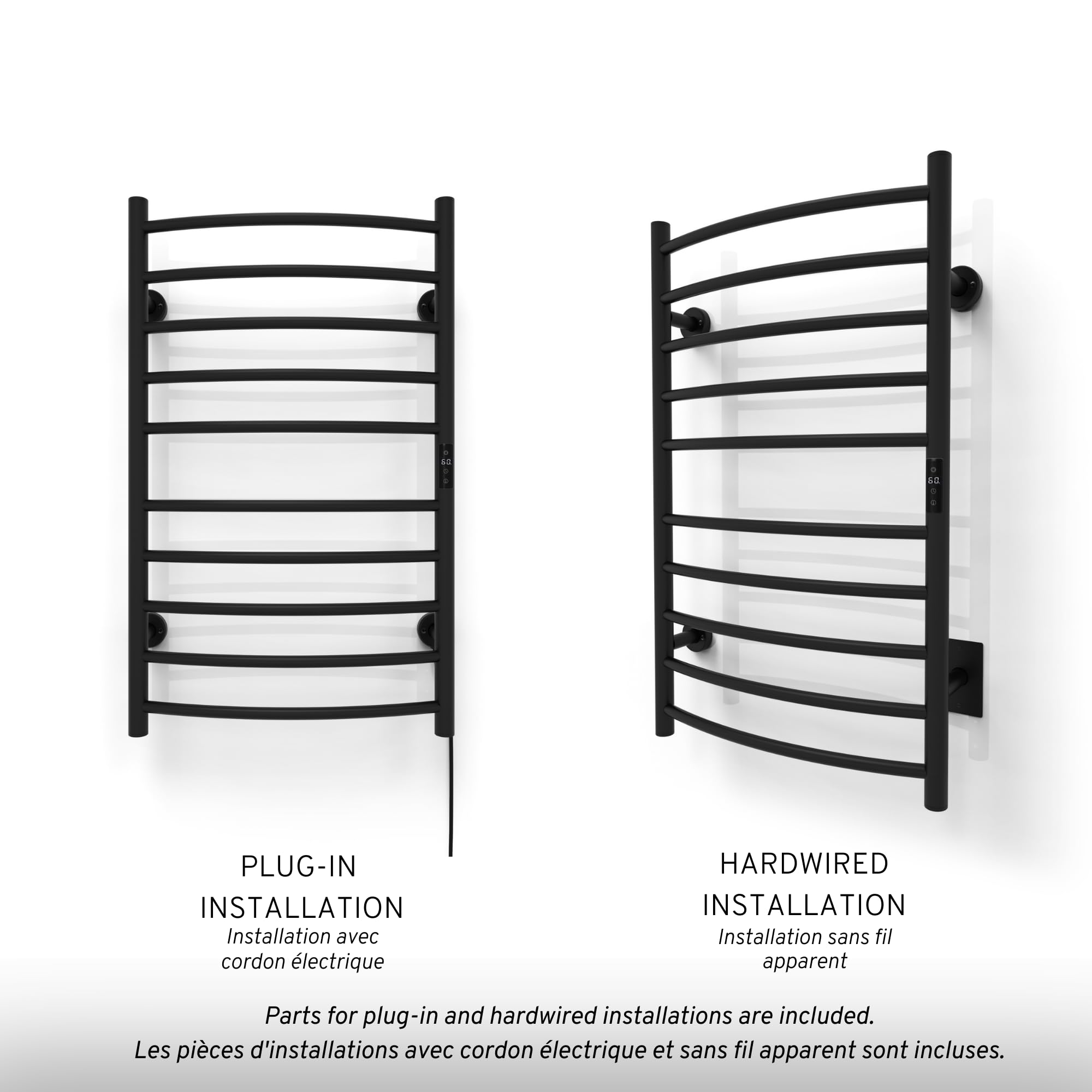 Odass | Towel Warmer | Built-in Timer with Led Indicators | Timer Modes: 1 H to 8 H, ON/Off | Temperature 30 to 60 °C (86 to 140 °F) | Wall Mounted | 10 Curved Bars | Matte Black