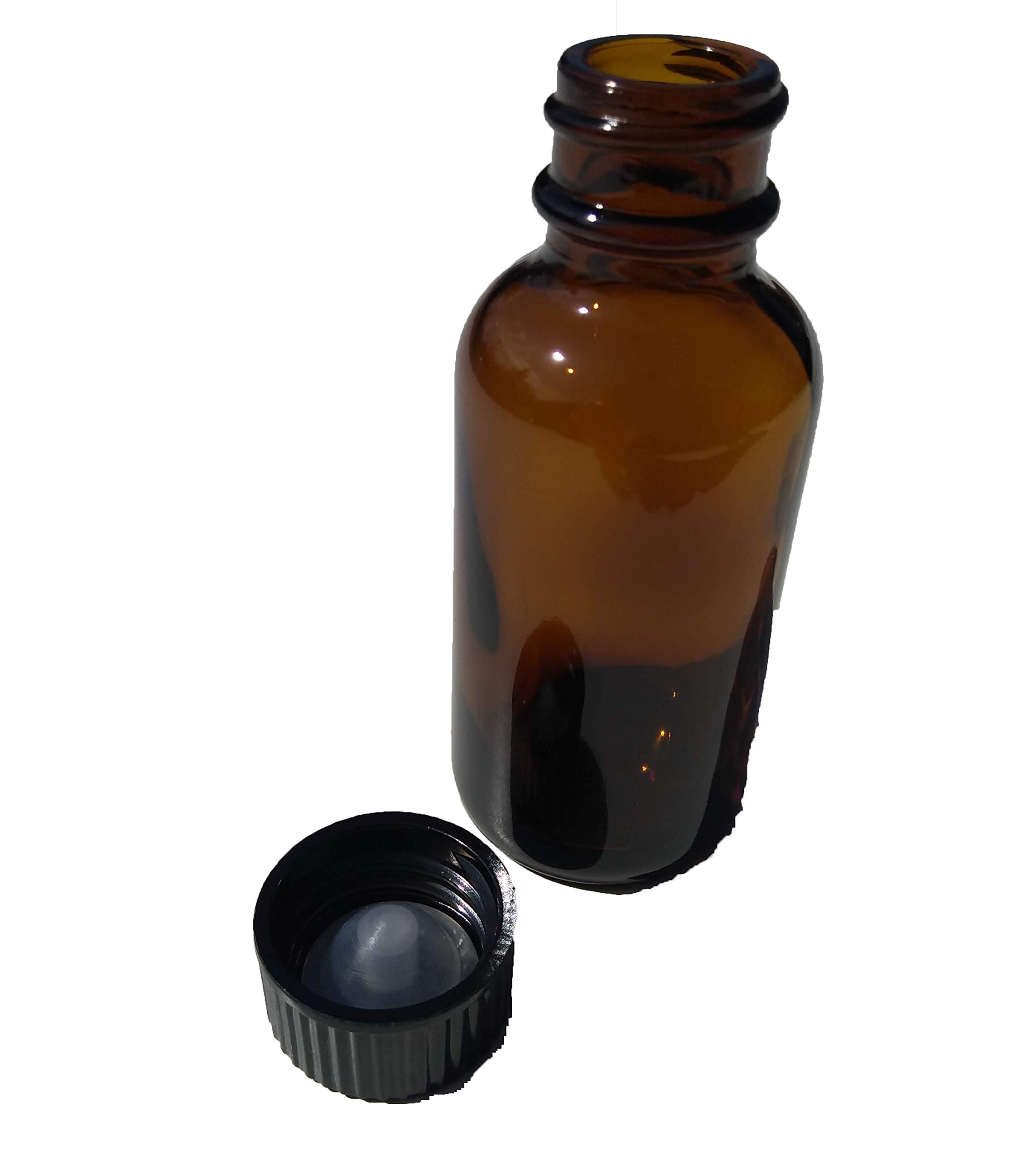 Dropper Stop® 1oz Amber Glass Boston Round Bottles (30mL) with Polycone Caps - Pack of 99