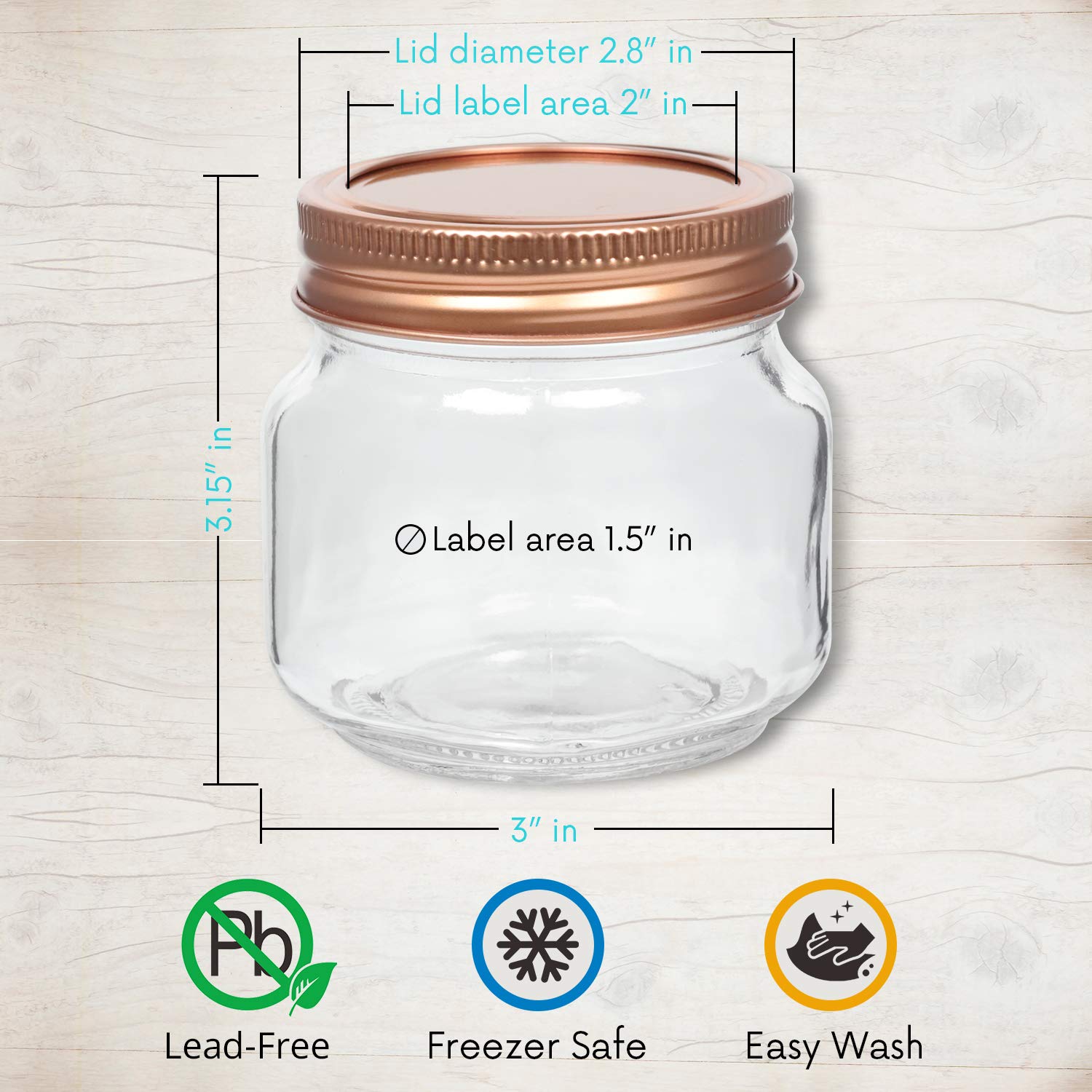 WILLDAN Set of 24-8OZ Mason Jars With Regular Lids Rose Gold Edition - Ideal for Body Scrubs, Lotions, Jam, Honey, Wedding Favors, Shower Favors, Baby Foods, 30 Whiteboard Labels Included