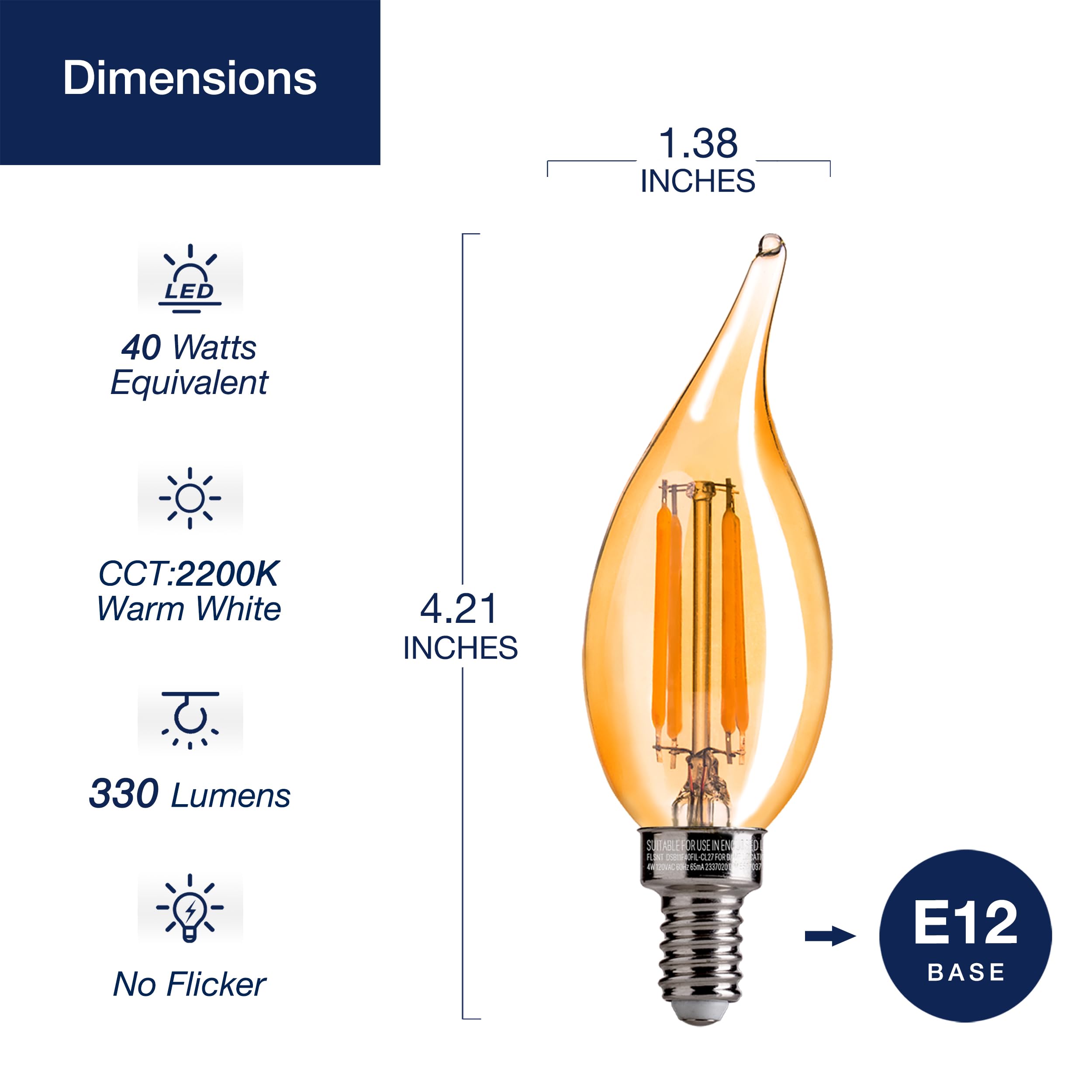 FLSNT CA11 E12 LED Candelabra Bulbs, Dimmable LED Chandelier Light Bulbs, 40W Equivalent, 2200K Warm White Light, 330LM, Amber Glass Finishing, 6 Pack