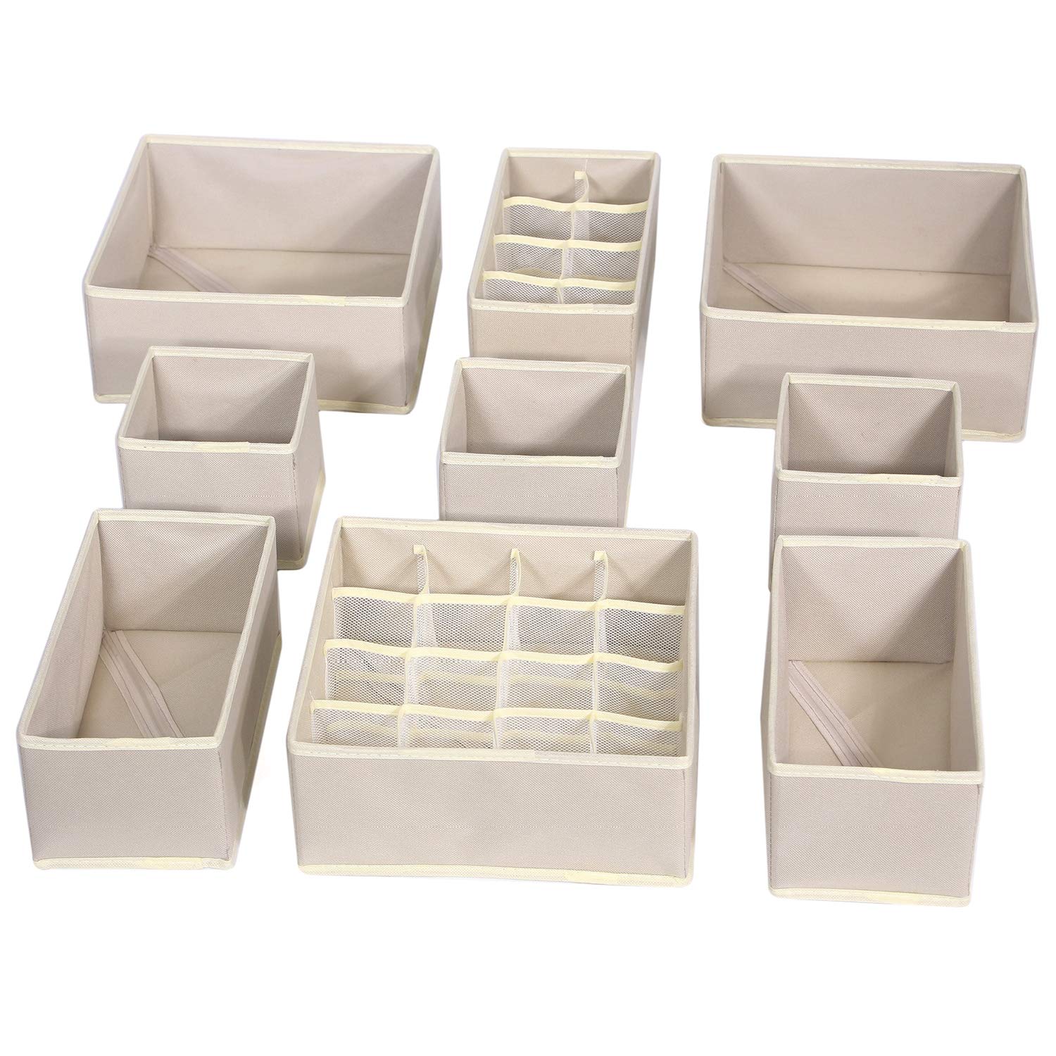 TENABORT 9 Pack Foldable Drawer Organizer Dividers Cloth Storage Box Closet Dresser Organizer Cube Fabric Containers Basket Bins for Underwear Bras Socks Panties Lingeries Nursery Baby Clothes Beige