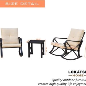 LOKATSE HOME 3-Piece Outdoor Patio Rocking Steel Furniture Bistro Set with 2 Rocker and 1 Metal Square Coffee Table(Khaki Thickened Cushion)