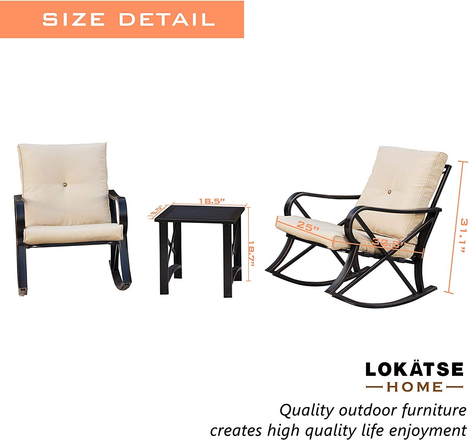 LOKATSE HOME 3-Piece Outdoor Patio Rocking Steel Furniture Bistro Set with 2 Rocker and 1 Metal Square Coffee Table(Khaki Thickened Cushion)