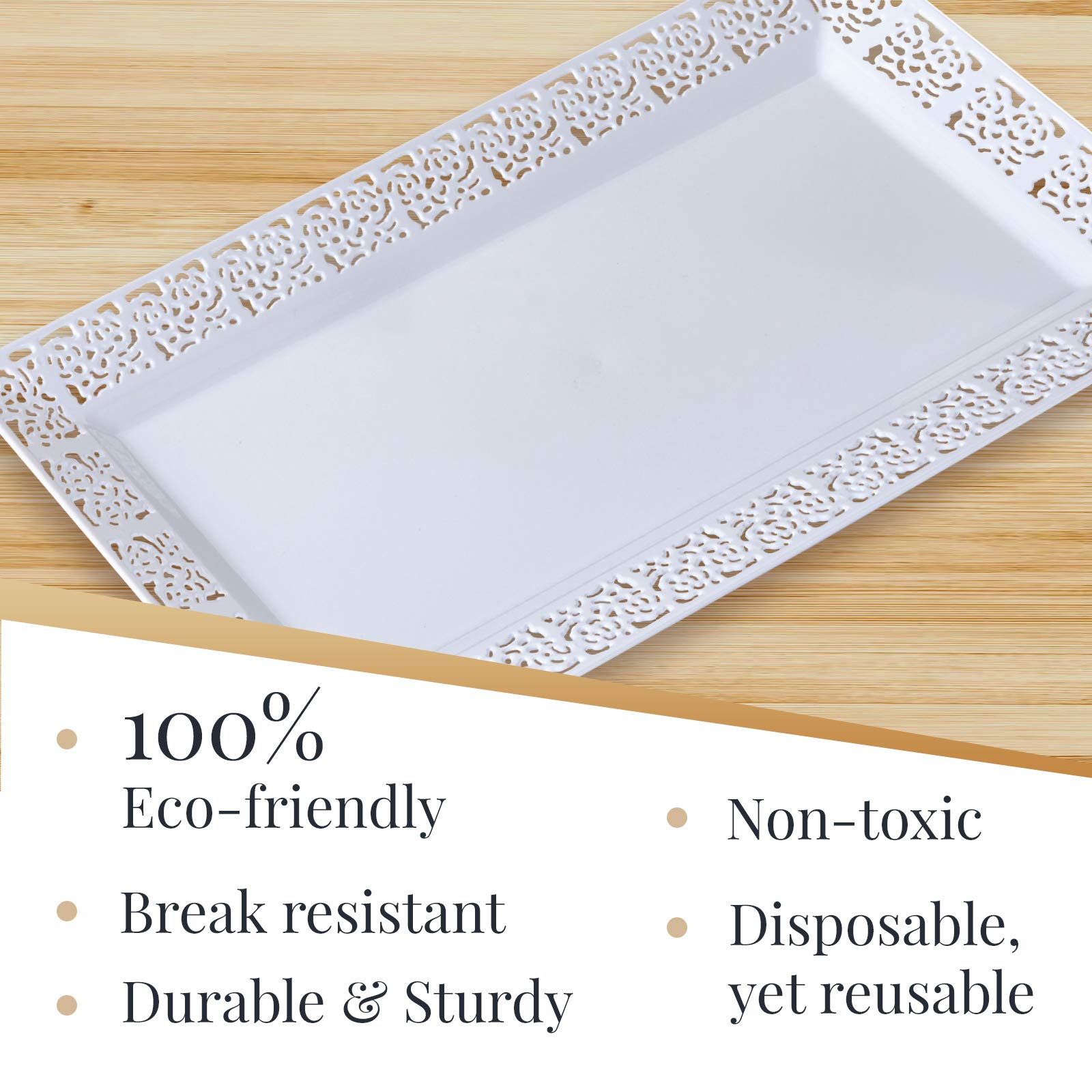 Silver Spoons DISPOSABLE LACE TRAYS | for Upscale Wedding and Dining | 6 pc | White | 14” x 7.5” -