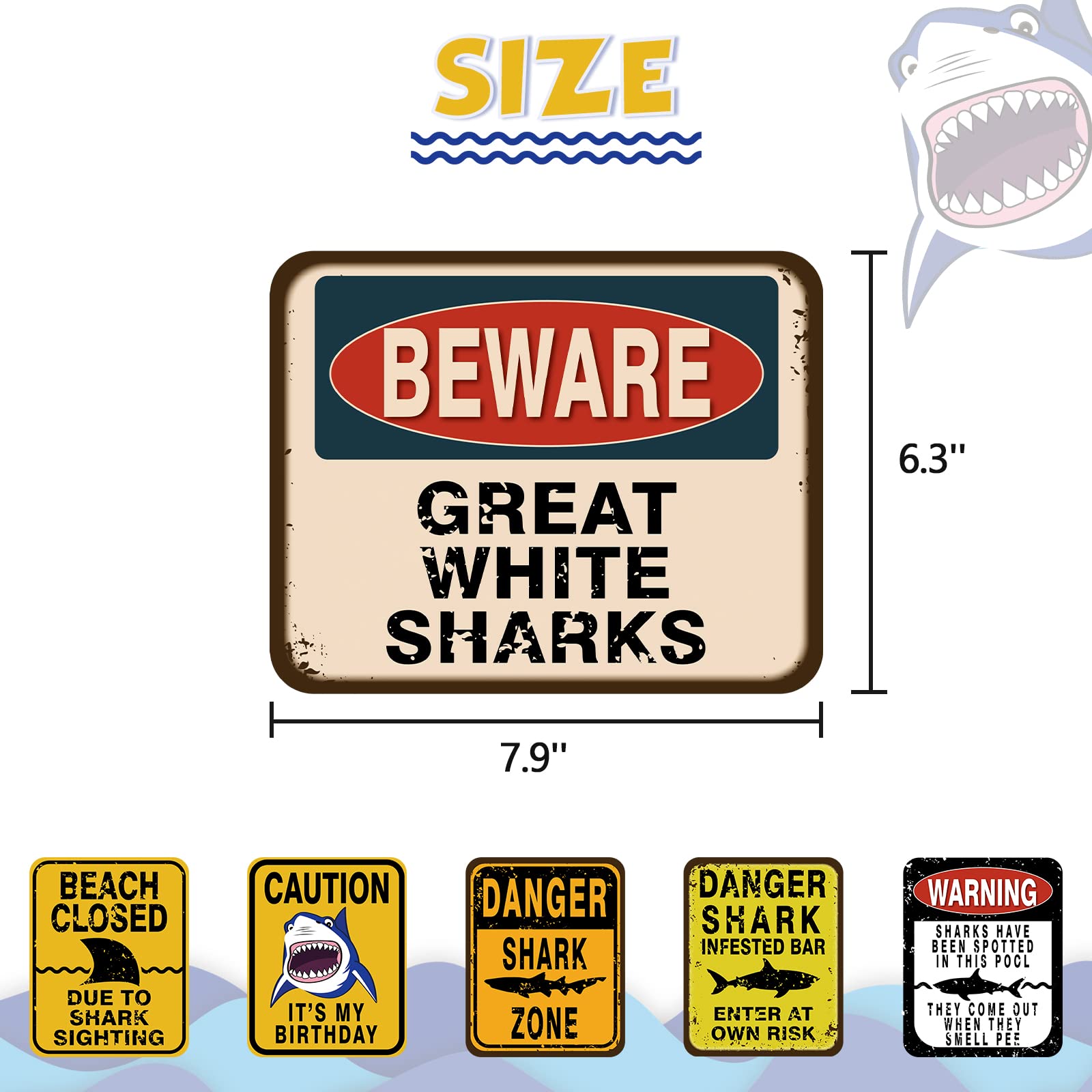 WERNNSAI Shark Zone Party Decorations - 6 PCS Size 8'' Funny Party Wall Decor Signs for Boys Kids Birthday Party Ocean Shark Theme Party Supplies