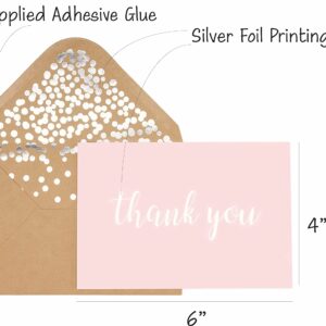 Thank You Cards - Blank 50 Pack Foiled "Thank You" Printed with 52 Foil Embossed Kraft Envelopes 4" x 6" - for Wedding Bridal Shower Baby Shower Birthday Party (Pink)