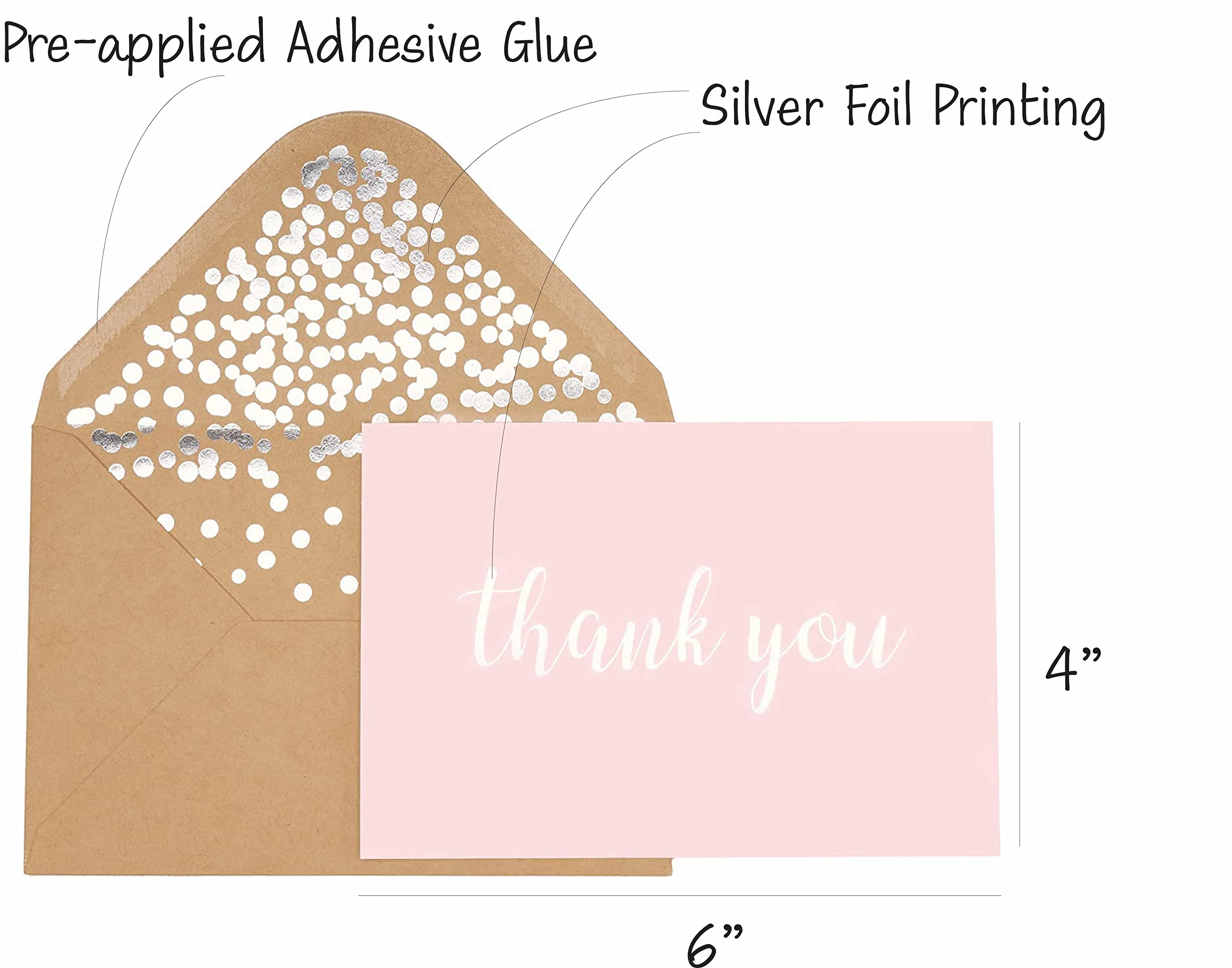 Thank You Cards - Blank 50 Pack Foiled "Thank You" Printed with 52 Foil Embossed Kraft Envelopes 4" x 6" - for Wedding Bridal Shower Baby Shower Birthday Party (Pink)