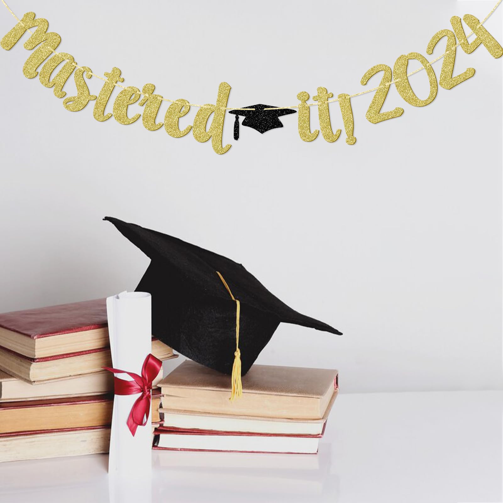 Mastered It 2024 Banner, Graduation Sign, Class of 2024 Congrats Grad Party Decorations Congratulations Assembled Photo Backdrop Supplies (Gold Glitter)