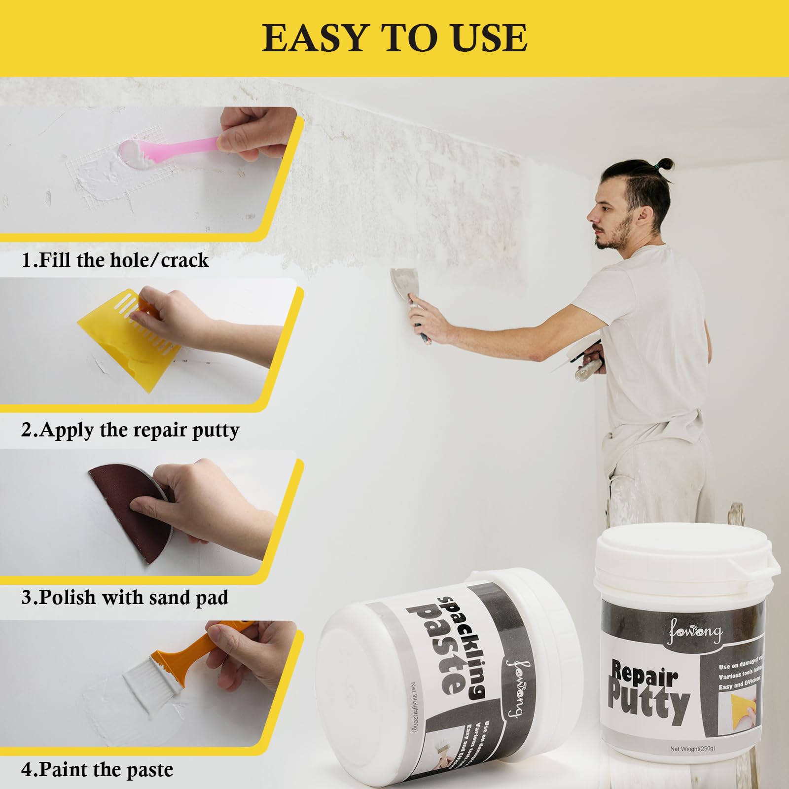 fowong Drywall Repair Kit, Spackle Wall Repair Putty & Paint White, Wall Patch Repair Kit to Fix Wall Holes and Creak Damage with Putty (8oz) and Spackling Paste(7oz), Easy to Solve Wall Problem