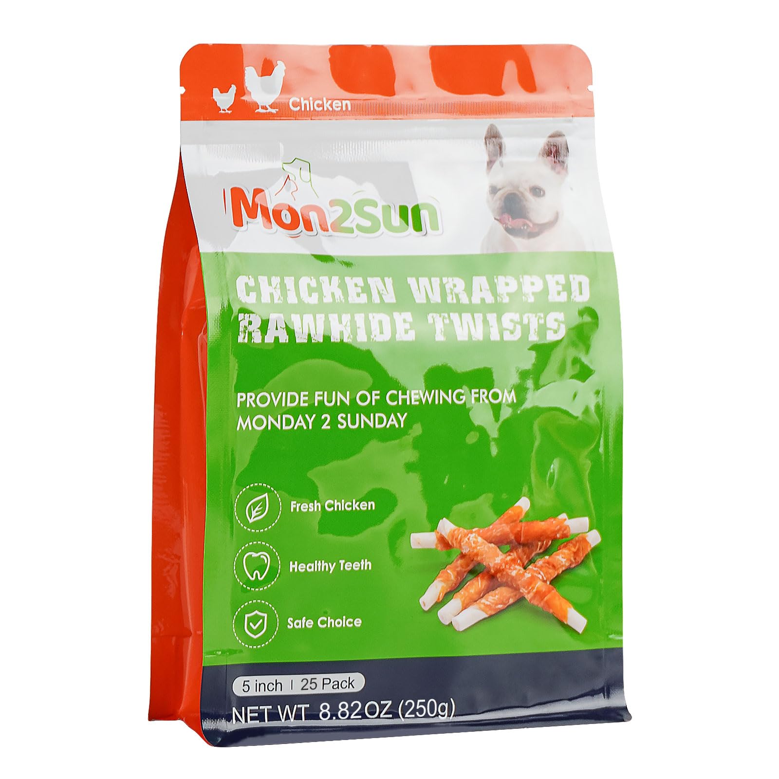 MON2SUN Dog Treats, 5 Inch Rawhide Twist Chicken Hide Sticks, Suitable for Puppy and Small Dogs, 5 Inch (Chicken, Pack of 25)