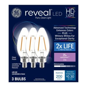 ge (3 bulbs) 42465 reveal led 25-watt equivalent led chandelier bulb, 200 lumens, 2.5 watts, candelabra base, blunt tip, color-enhancing dimmable candle light bulb