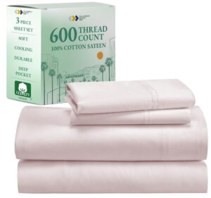 california design den 5-star hotel-quality twin bed sheets cotton, 100% cotton sheet set - 600 thread count sateen with deep pockets (blush pink)