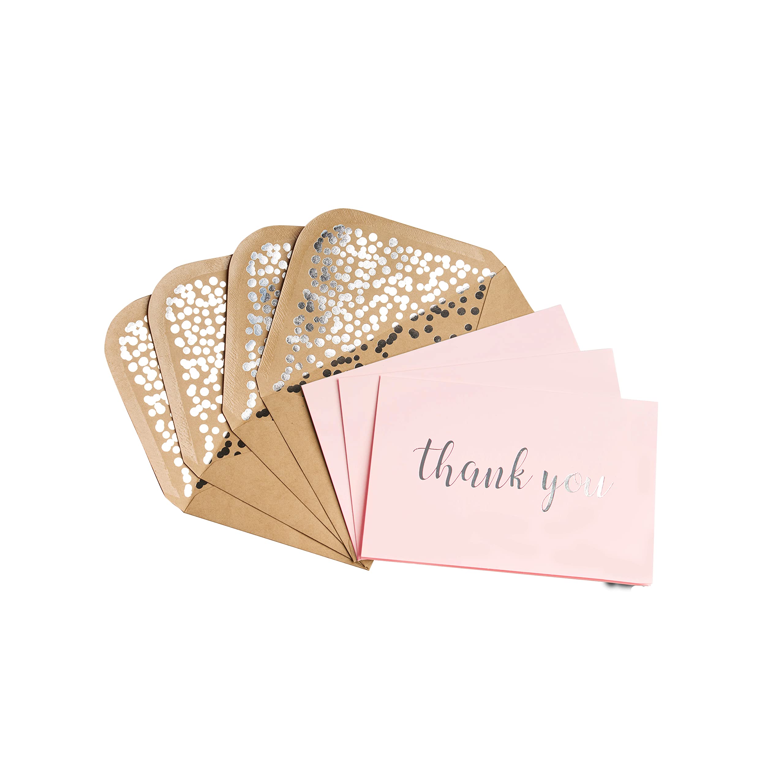 Thank You Cards - Blank 50 Pack Foiled "Thank You" Printed with 52 Foil Embossed Kraft Envelopes 4" x 6" - for Wedding Bridal Shower Baby Shower Birthday Party (Pink)