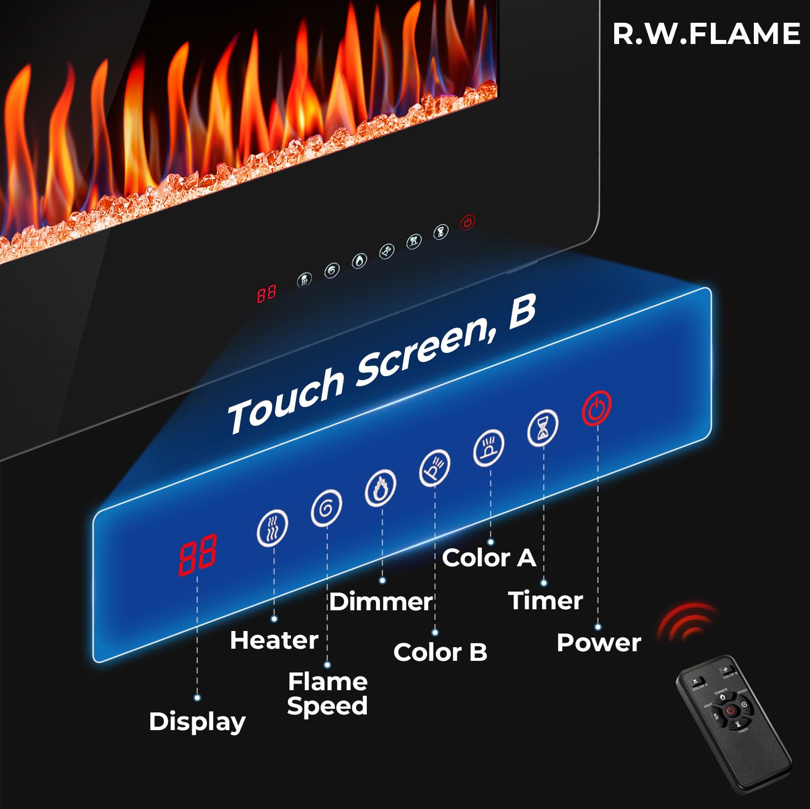 R.W.FLAME 36" Recessed and Wall Mounted Electric Fireplace, 5100BTU Thin Electric Fireplace Heater with Low Noise, Fit for 2 x 4 and 2 x 6 Stud, Remote Control, Adjustable Flame Color and Brightness.